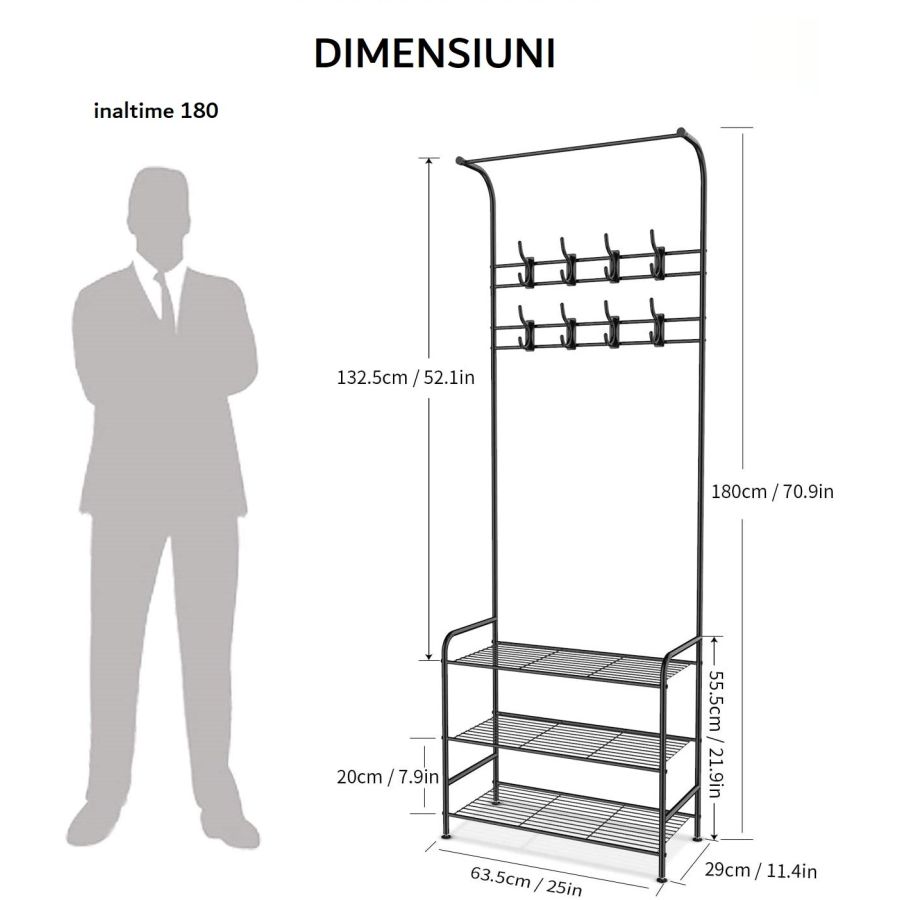 Cuier metalic cu rafturi pentru pantofi negru si finisaje rotunjite