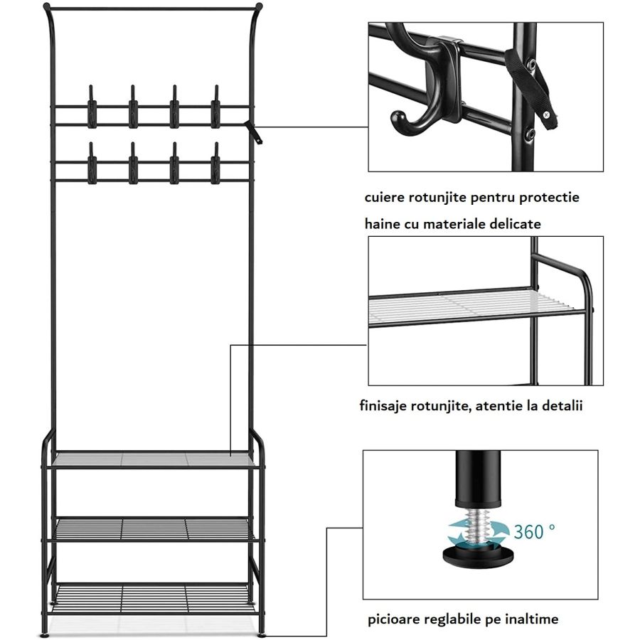 Cuier metalic cu rafturi pentru pantofi negru si finisaje rotunjite