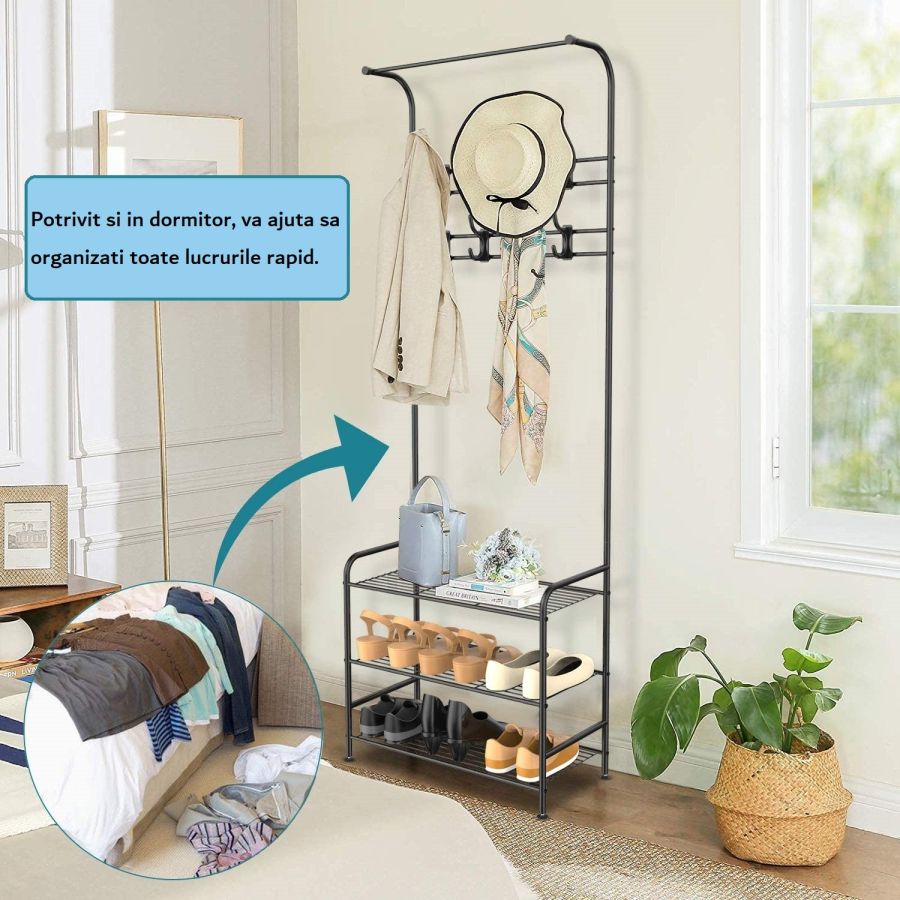 Cuier metalic cu rafturi pentru pantofi negru si finisaje rotunjite